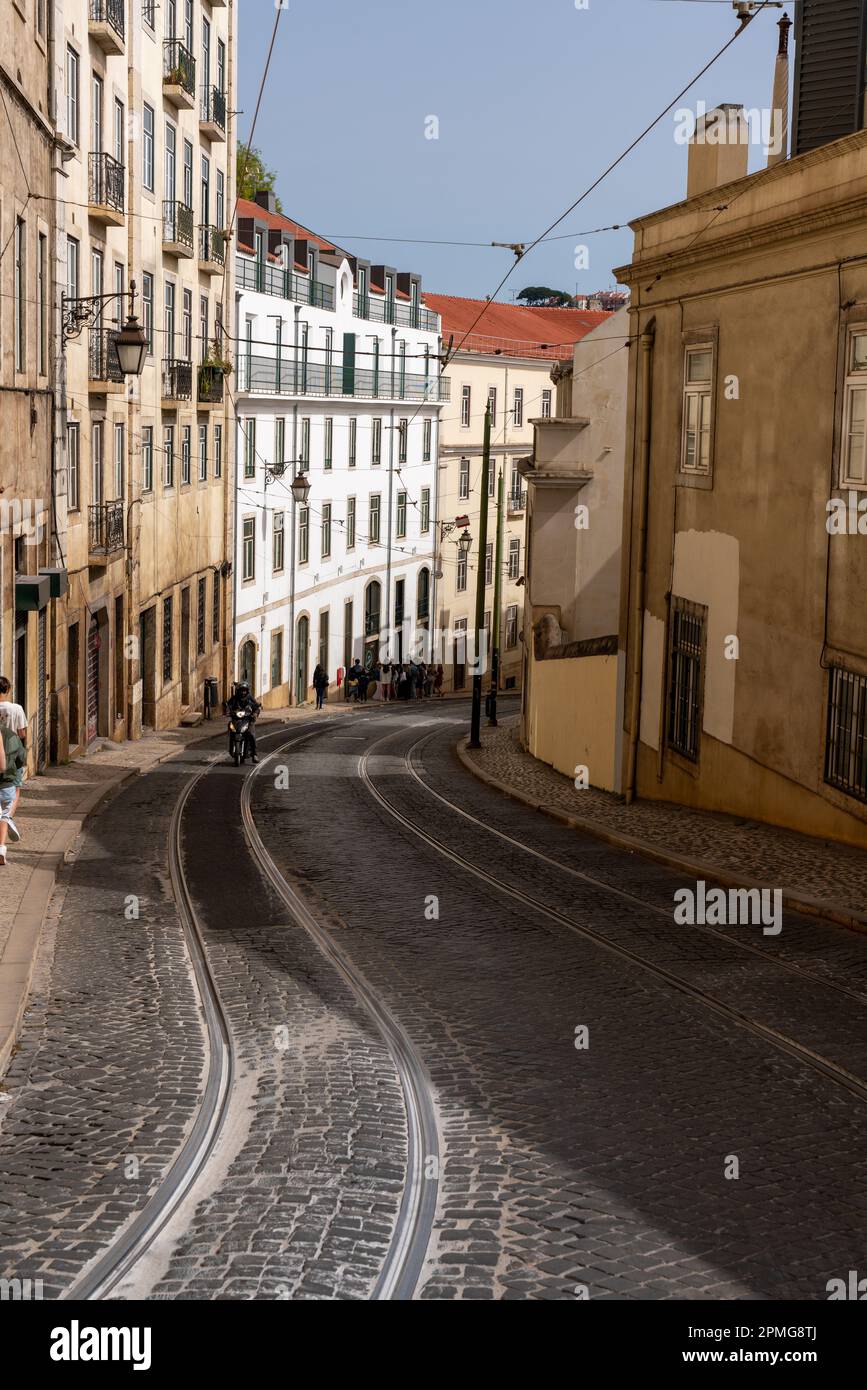 Portugal Street with buildings and tramway rails Stock Photo - Alamy