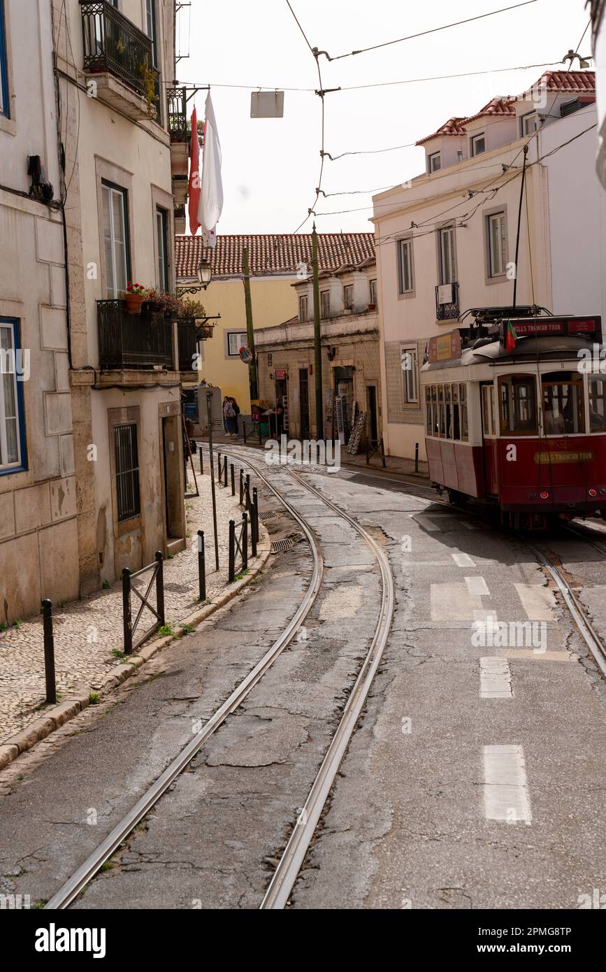 Portugal Street with buildings and tramway rails Stock Photo - Alamy