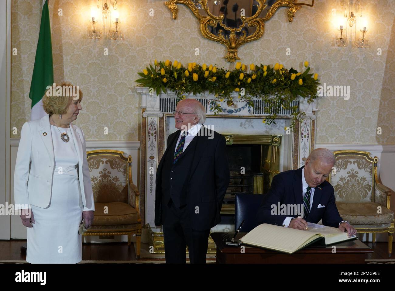 Irish President Michael D Higgins and his wife Sabina Higgins talk to ...