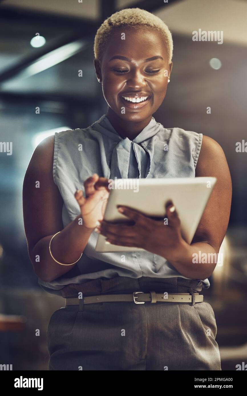 Business, tablet and smile with black woman in office for technology ...