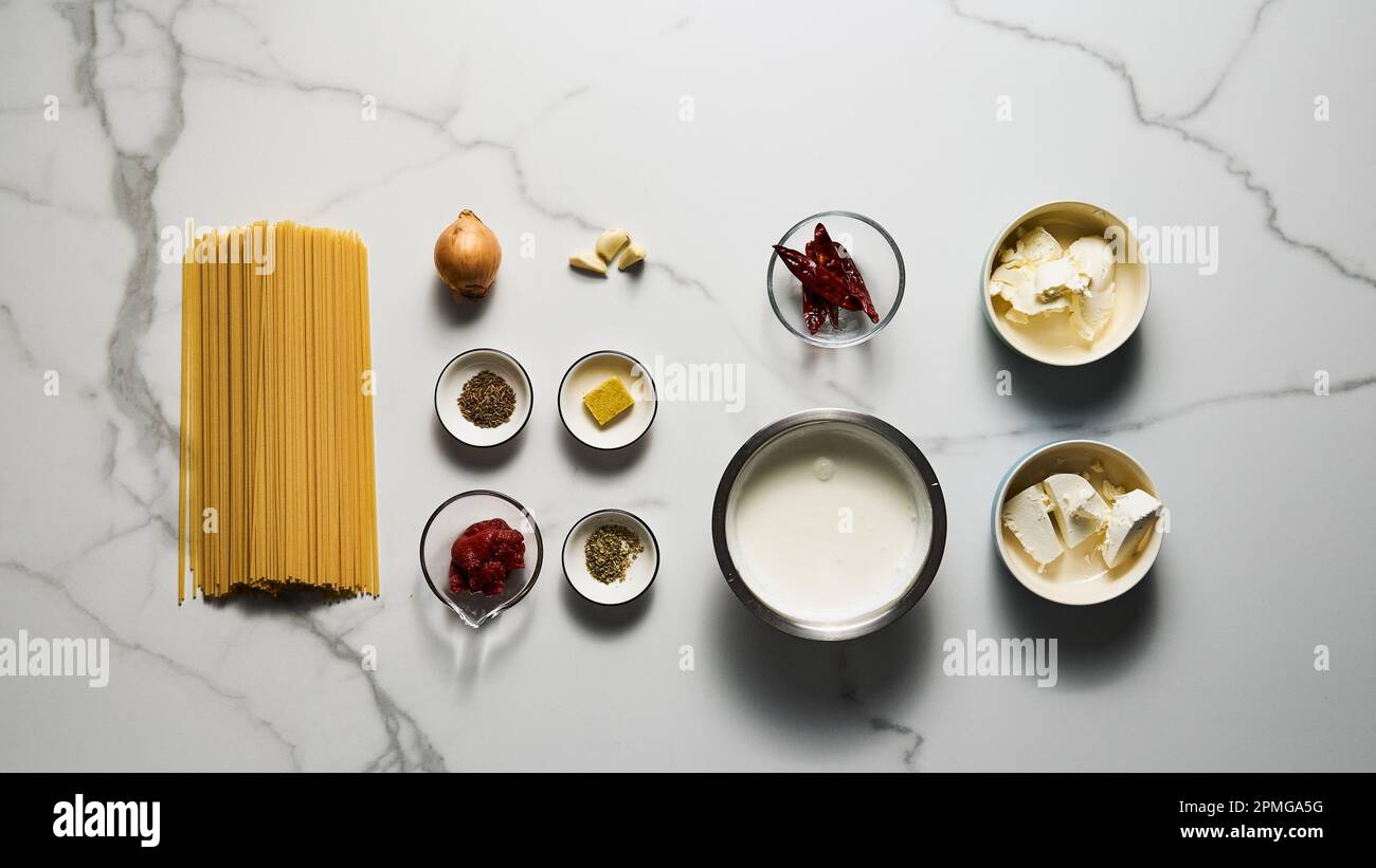 Mexican pasta ingredients. Pasta with sauce based on sour cream and ...