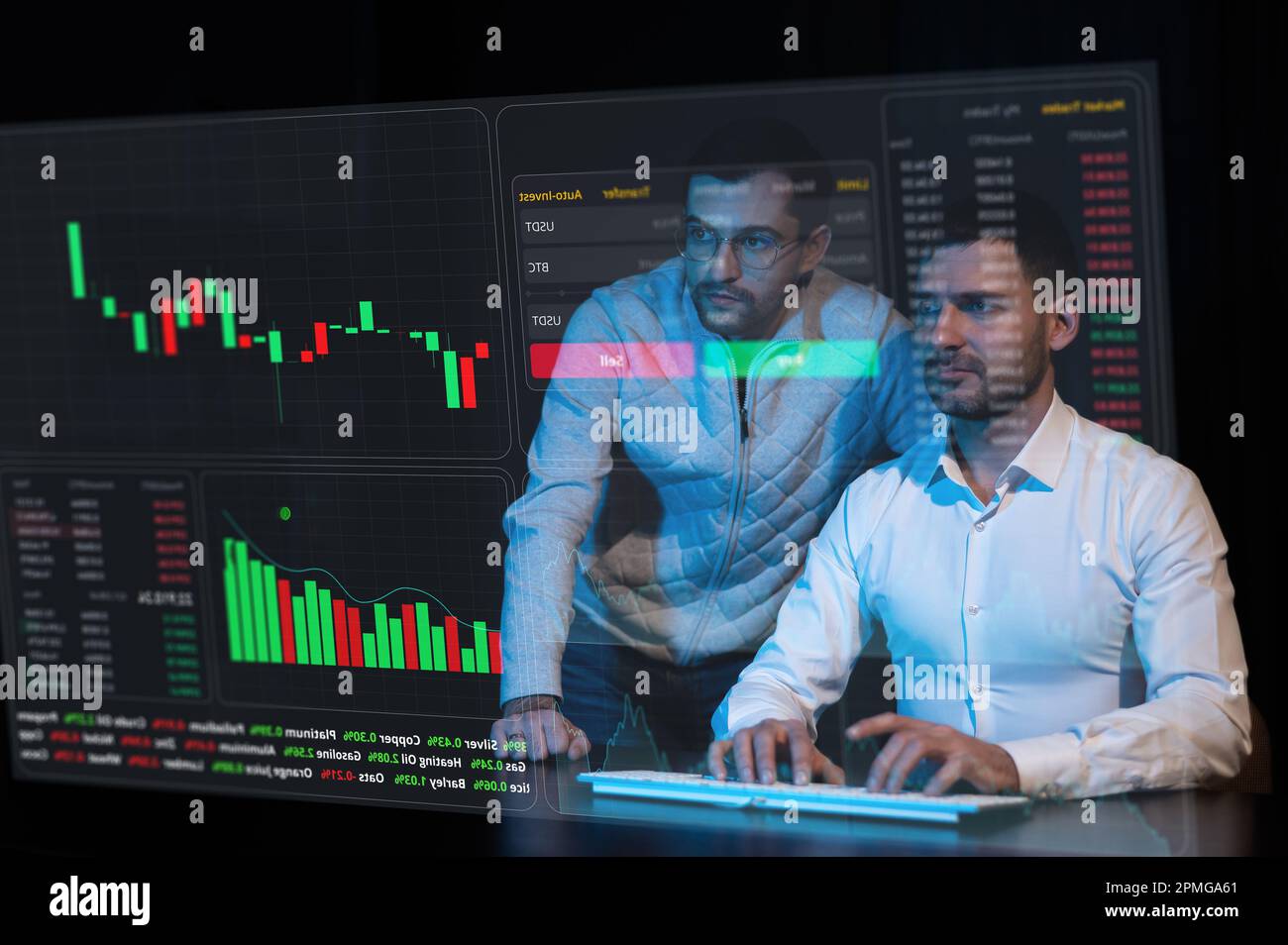 Two Caucasian bearded men are discussing stock charts on a virtual ...