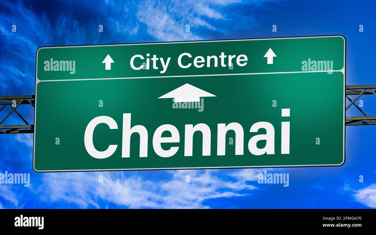 Road sign indicating direction to the city of Chennai Stock Photo - Alamy