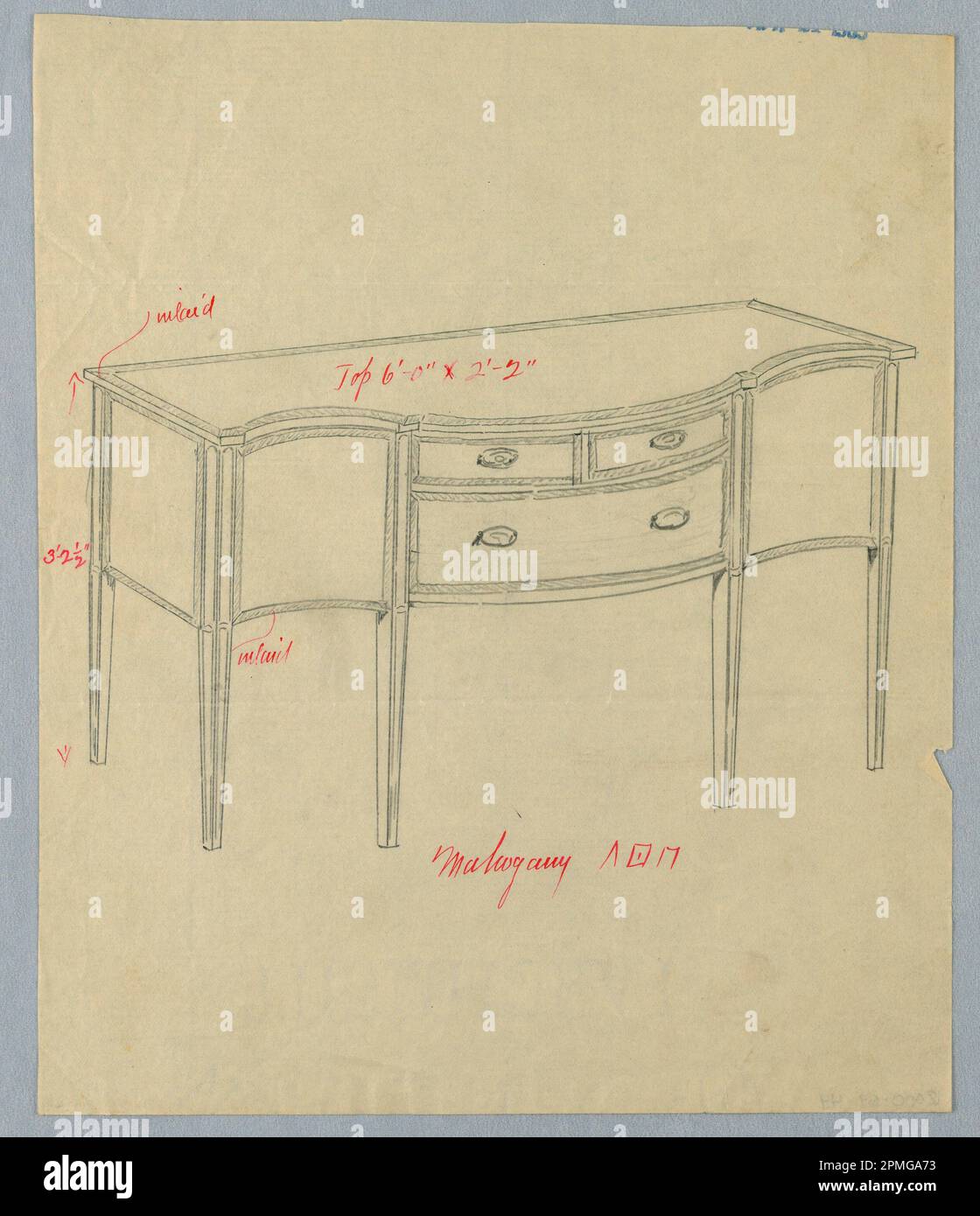Drawing, Design for Sideboard with Serpentine Front and Three Drawers ...