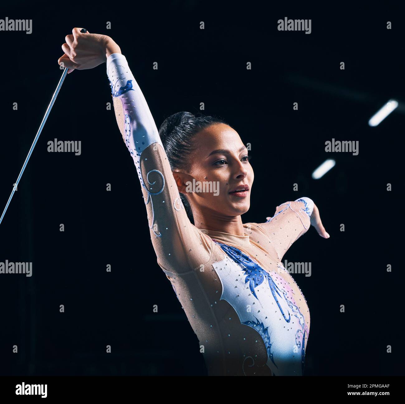 Ribbon gymnastics, woman and performance of dancer in talent show ...