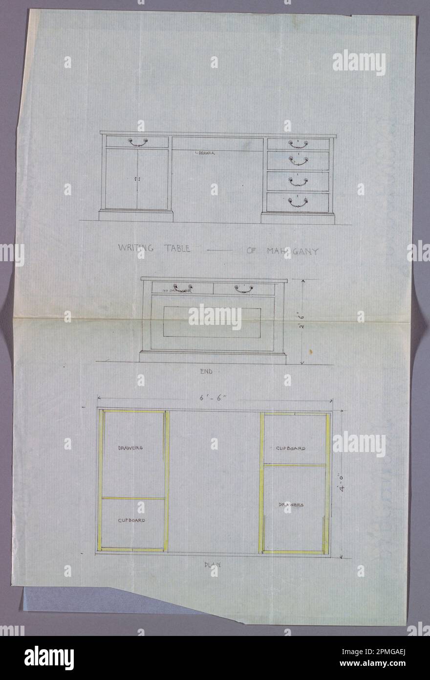 Drawing, Design for Writing Table with Double-Door Cupboard at Left, in ...