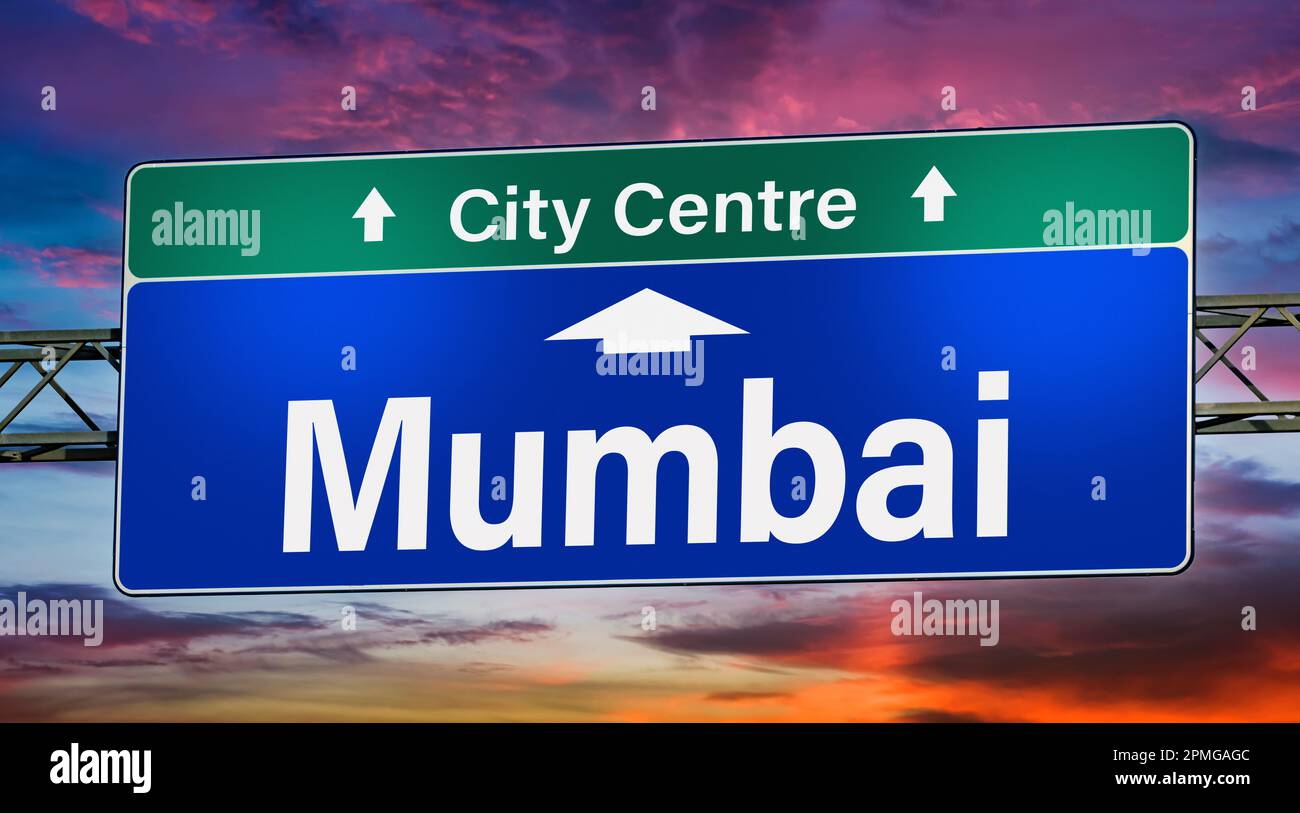 Road sign indicating direction to the city of Mumbai Stock Photo - Alamy