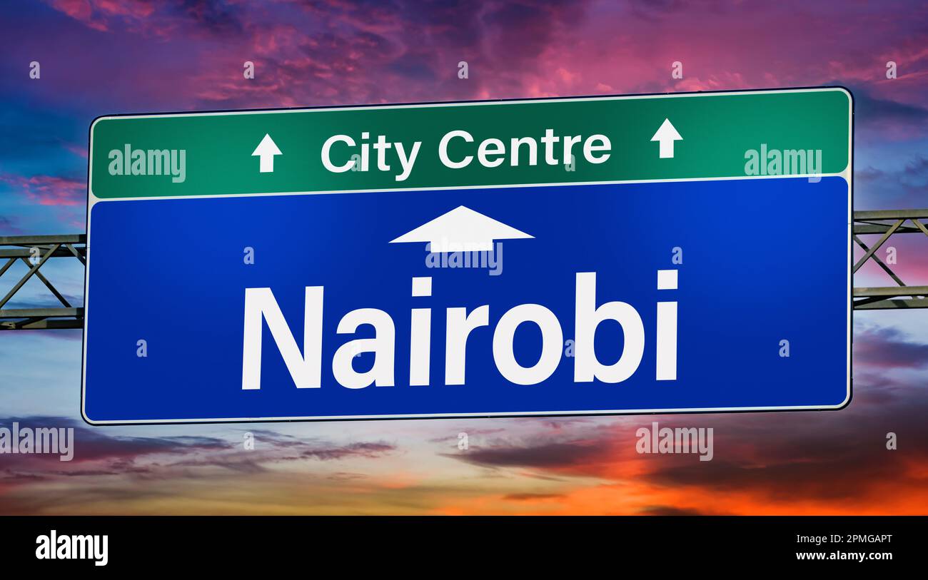 Road sign indicating direction to the city of Nairobi Stock Photo - Alamy