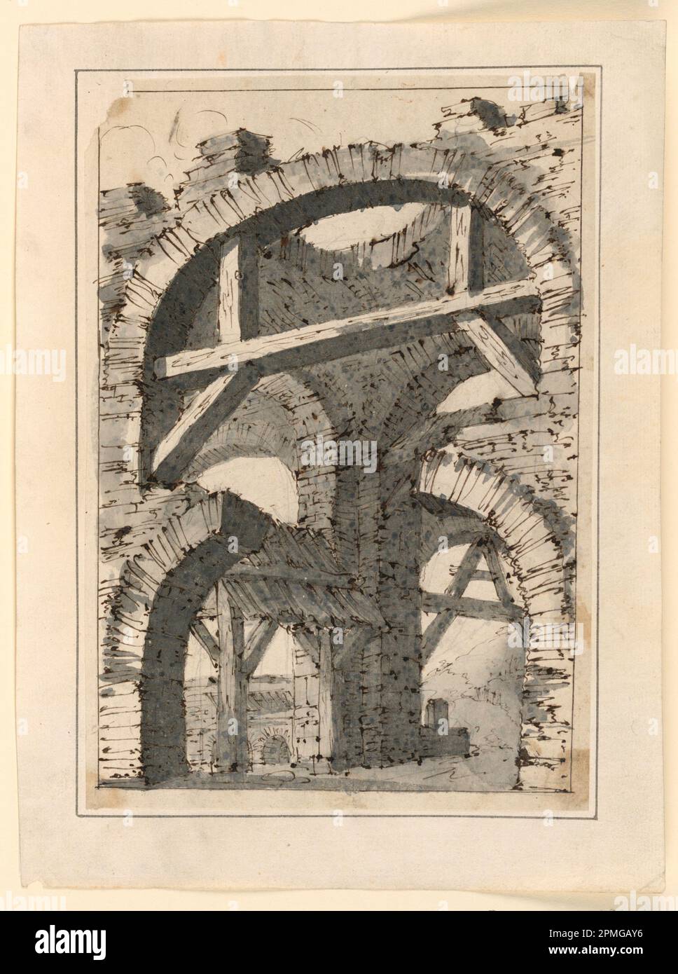 Drawing, Rough Stone Arches Strengthened by Wooden Beams; Italy; pen ...