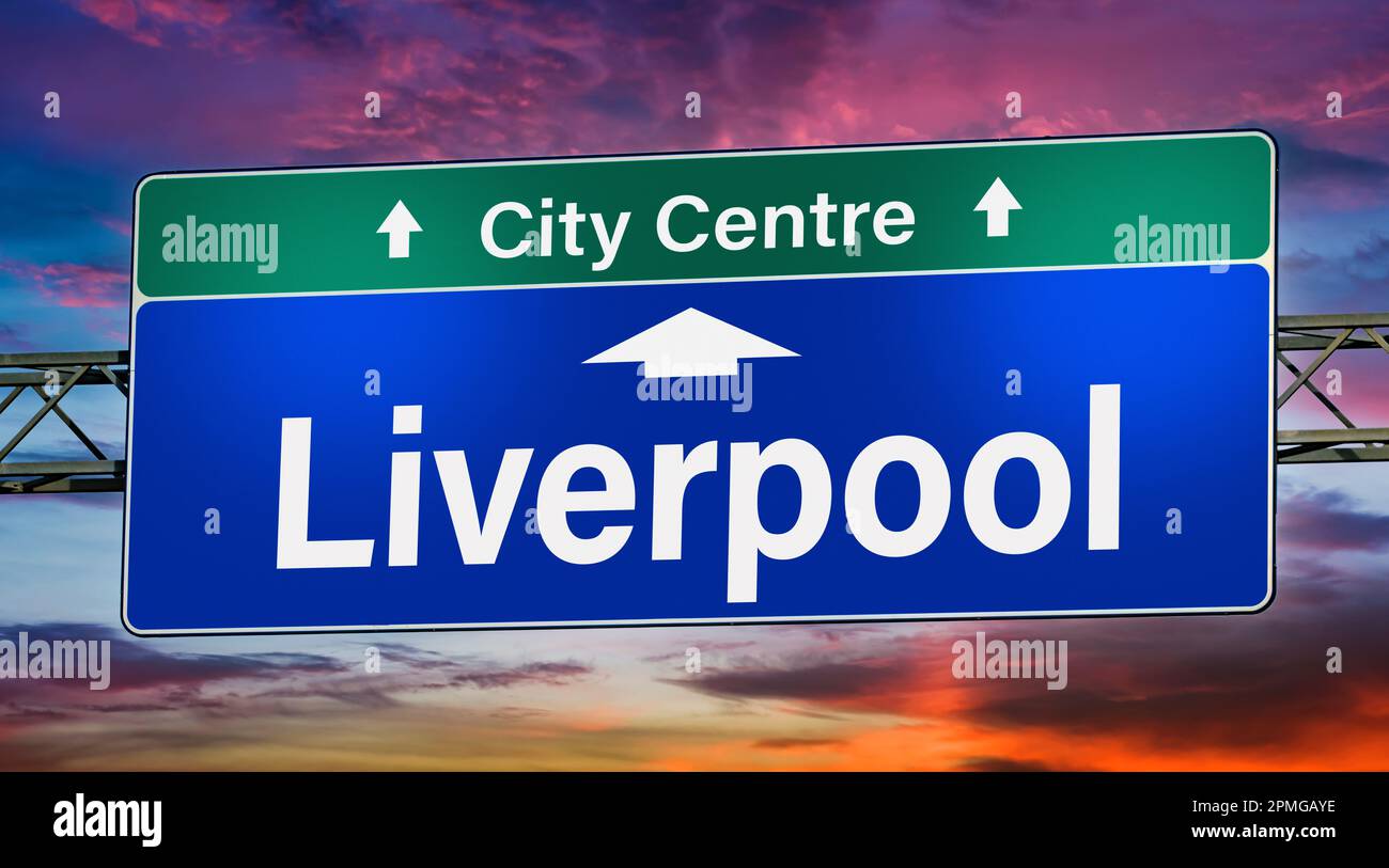Road sign indicating direction to the city of Liverpool Stock Photo - Alamy