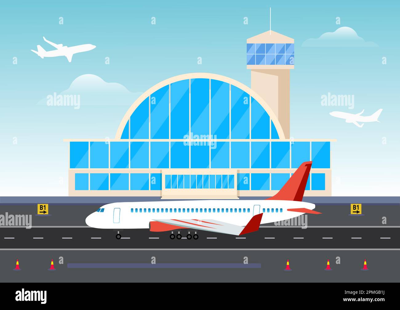 Airport buildings and planes on the runway.Airplane planning in airport ...