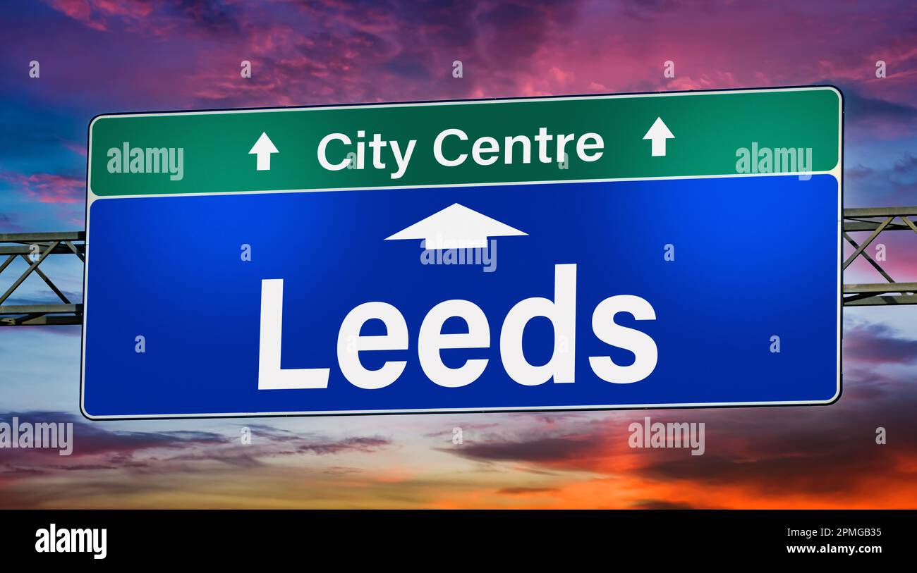 Road sign indicating direction to the city of Leeds Stock Photo - Alamy