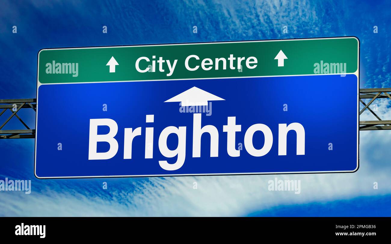 Road sign indicating direction to the city of Brighton Stock Photo - Alamy