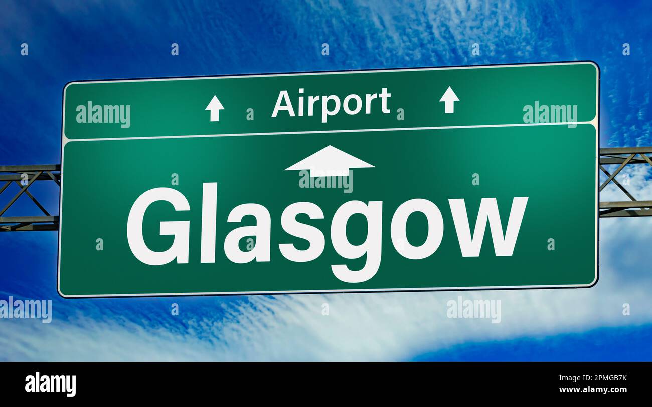 Road sign indicating direction to the city of Glasgow Stock Photo - Alamy