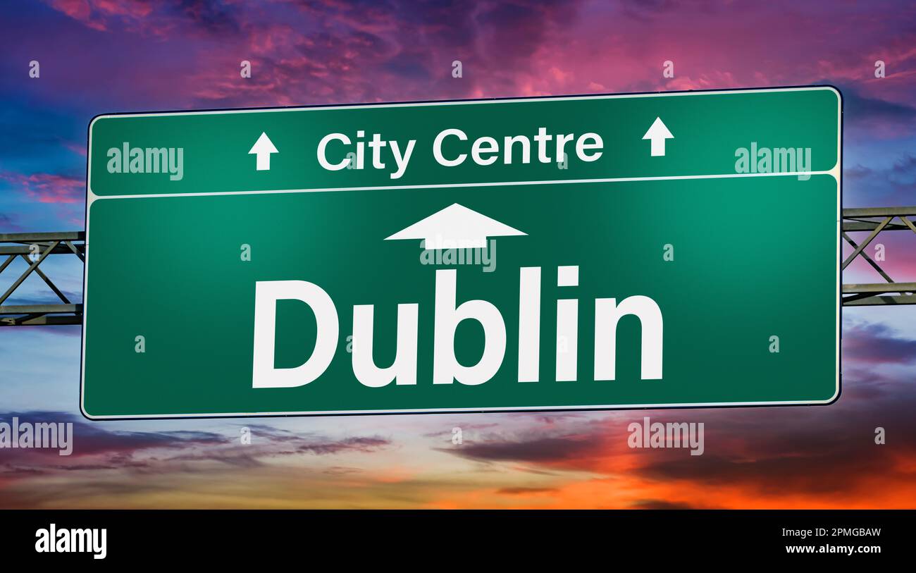 Road sign indicating direction to the city of Dublin Stock Photo - Alamy