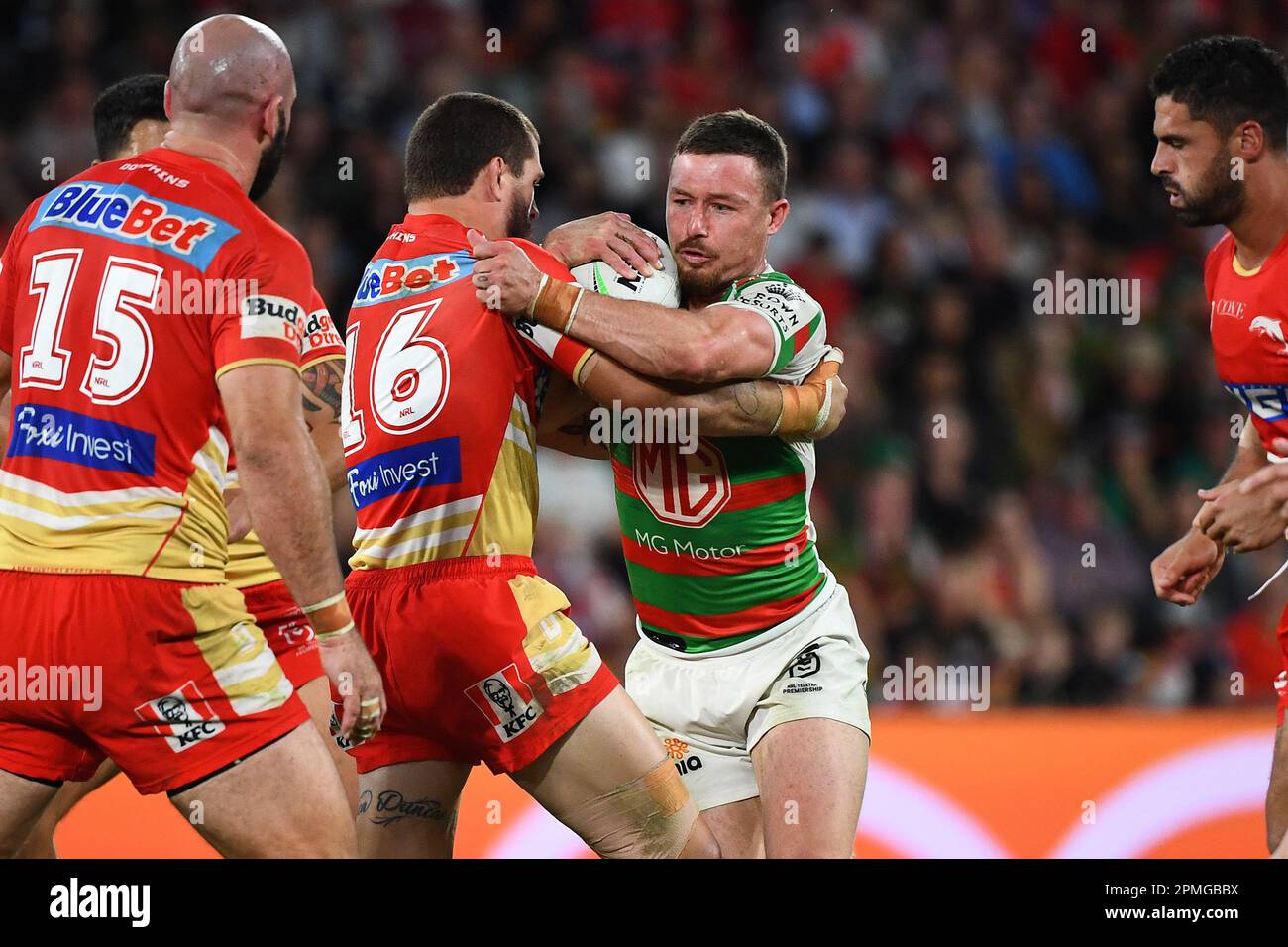 Damien Cook of the Rabbitohs makes a run during the NRL Round 7 match ...