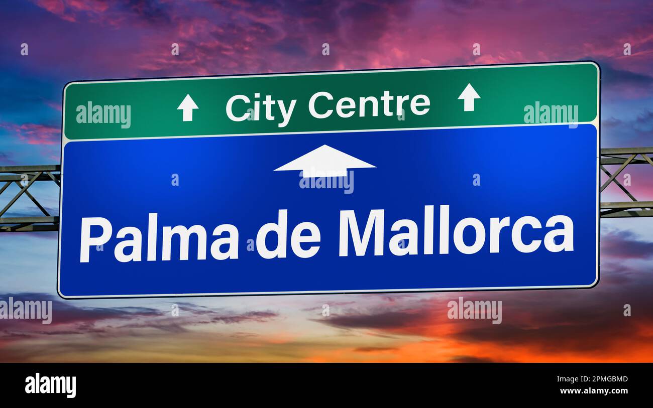 Road sign indicating direction to the city of Palma de Mallorca Stock ...