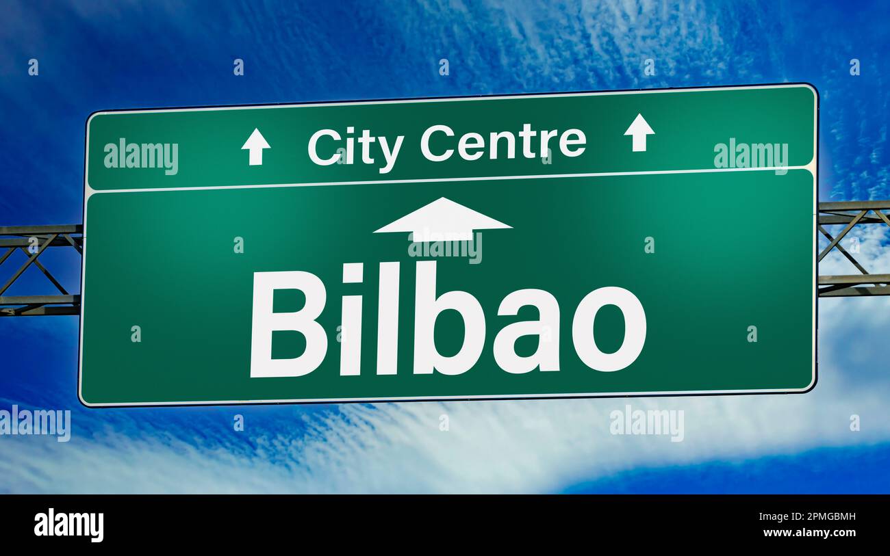 Road sign indicating direction to the city of Bilbao Stock Photo - Alamy