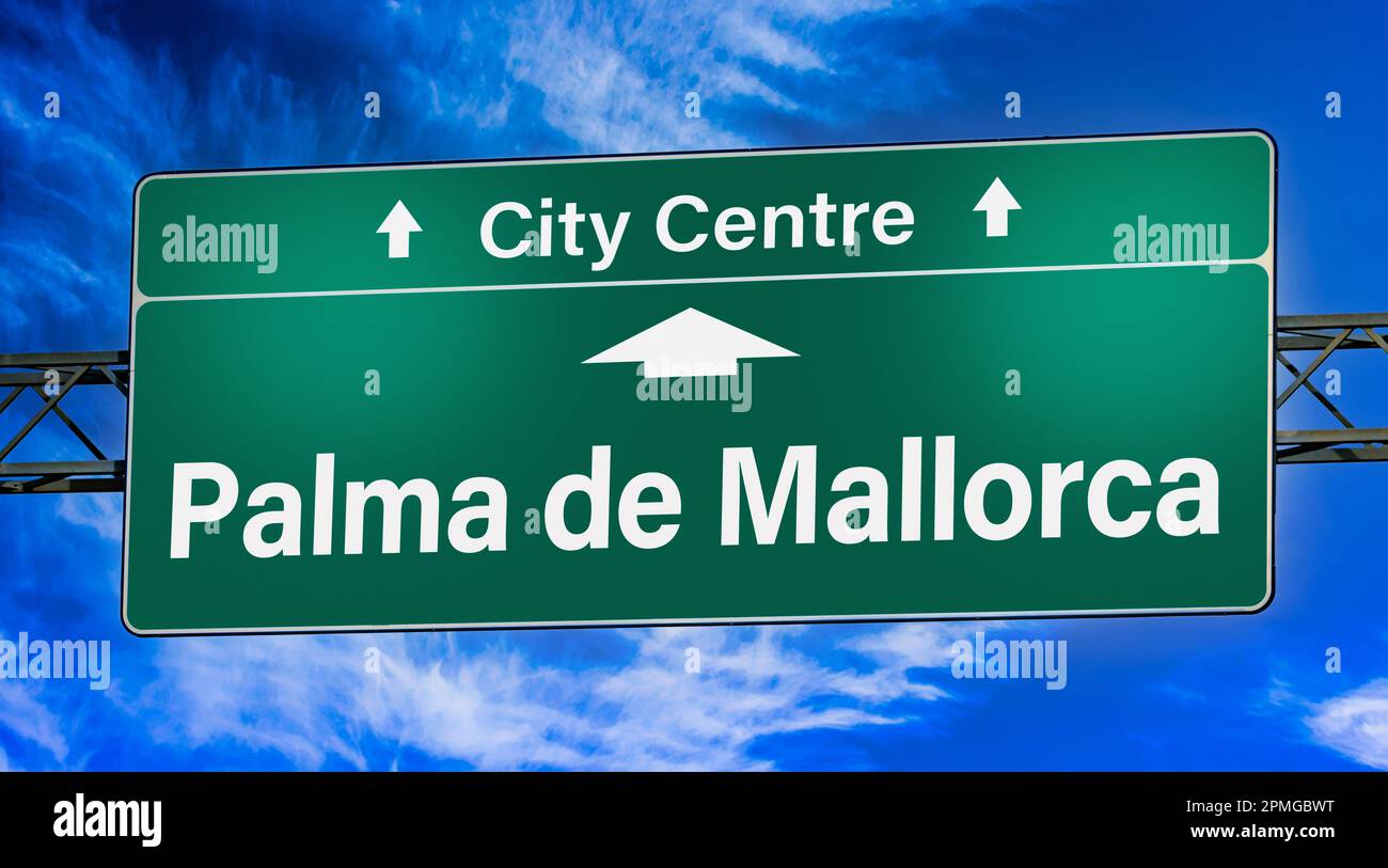 Road sign indicating direction to the city of Palma de Mallorca Stock ...