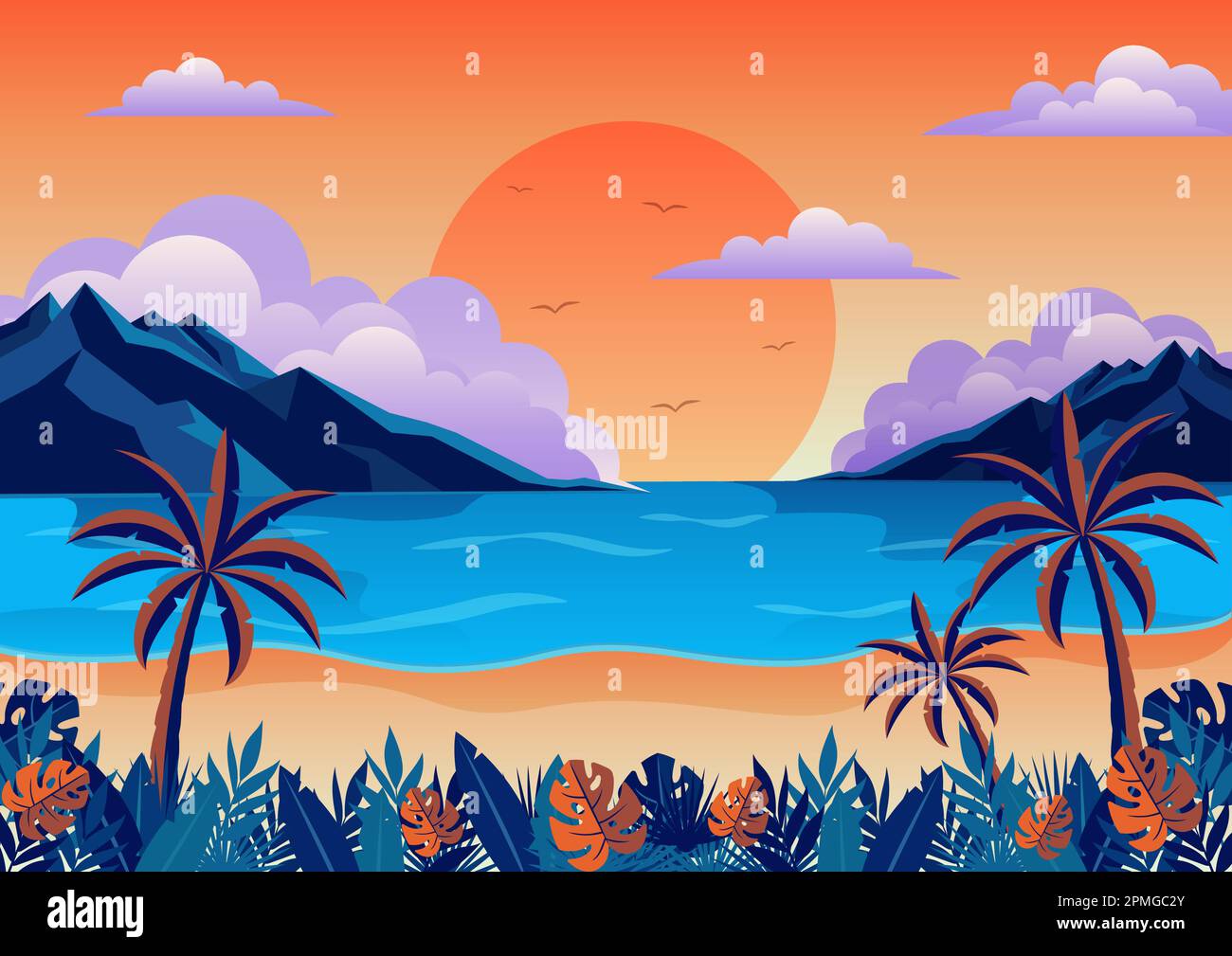 Sunset beach ocean summer Stock Vector Images - Alamy