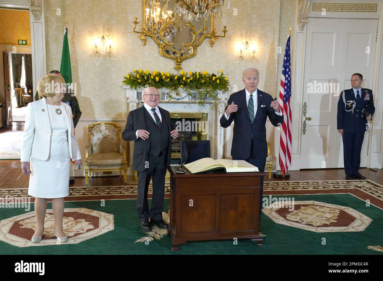 Irish President Michael D Higgins and his wife Sabina Higgins, stand ...