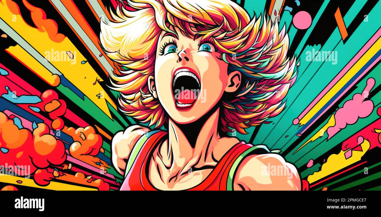 Screaming Anime Girl with Colorful Background Stock Photo - Alamy