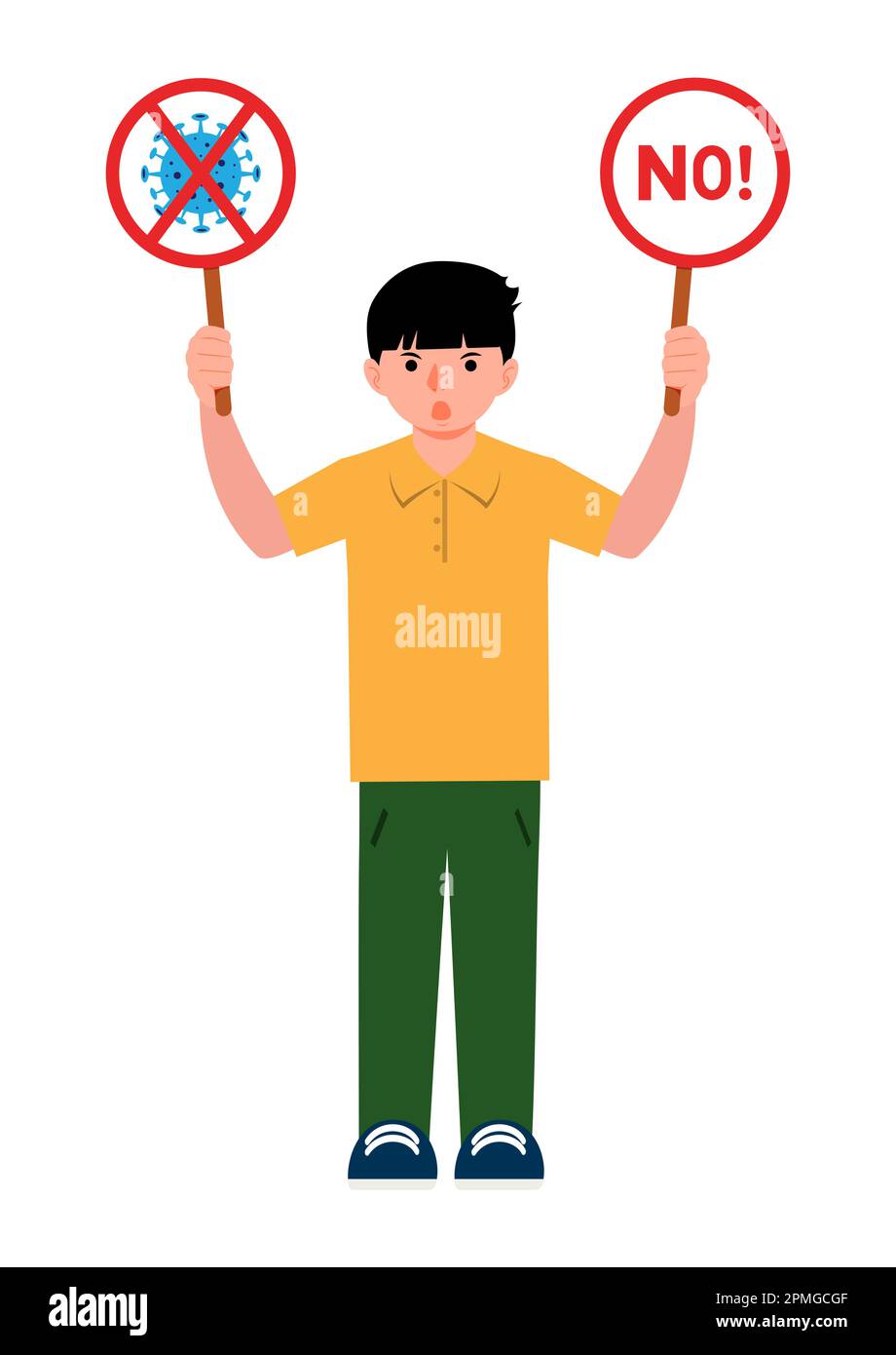 Boy holding a stop signs with stop covid on white background vector ...