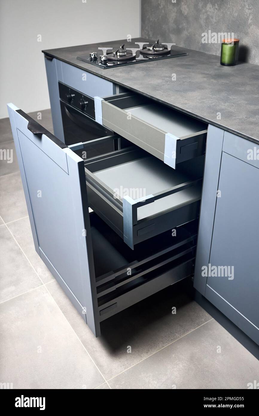 Vertical pull out rack cabinet drawer. Flush up slip handle finger pull ...