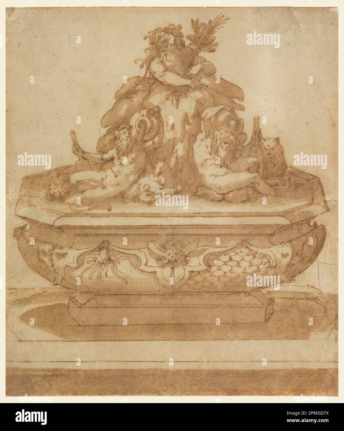 Drawing, Recto: Fountain Design with Oceanus and the River Gods Arno ...