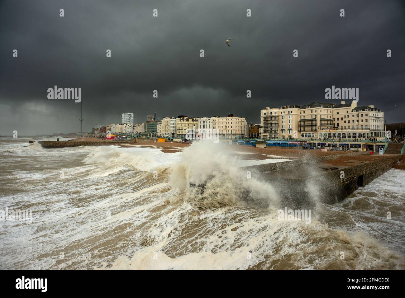 Brighton, April 12th 2023: Stormy conditions on Brighton seafront this ...