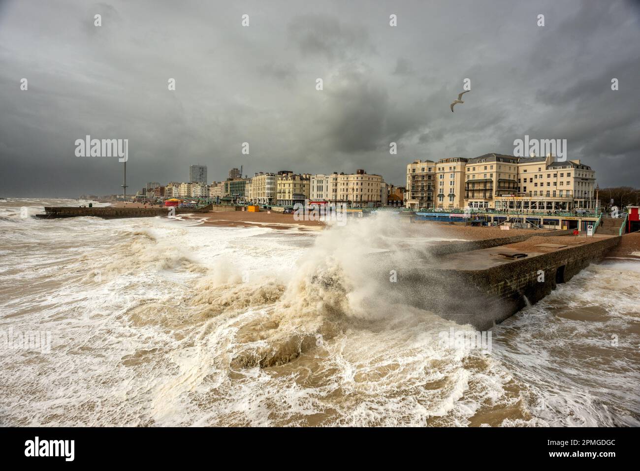 Brighton, April 12th 2023: Stormy conditions on Brighton seafront this ...
