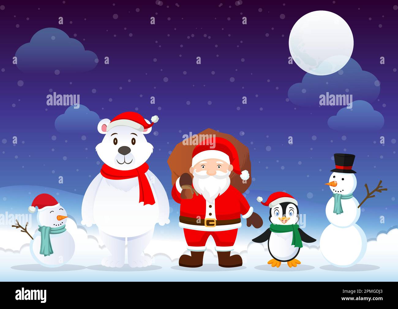 Christmas Background Design Vector. Santa Claus, Penguin, Polar Bear ...