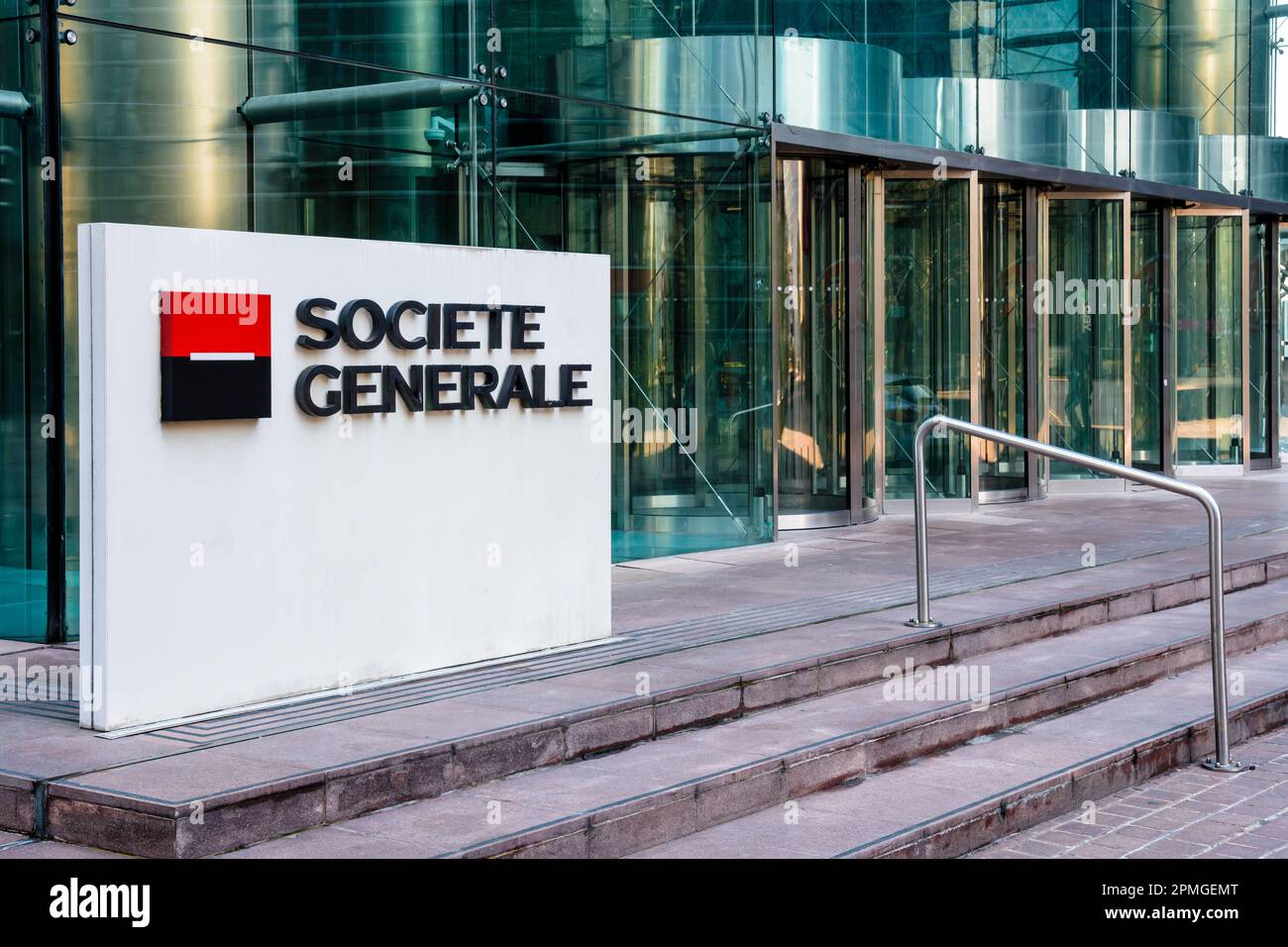 Sign of the Societe Generale at the entrance of the head office of the ...
