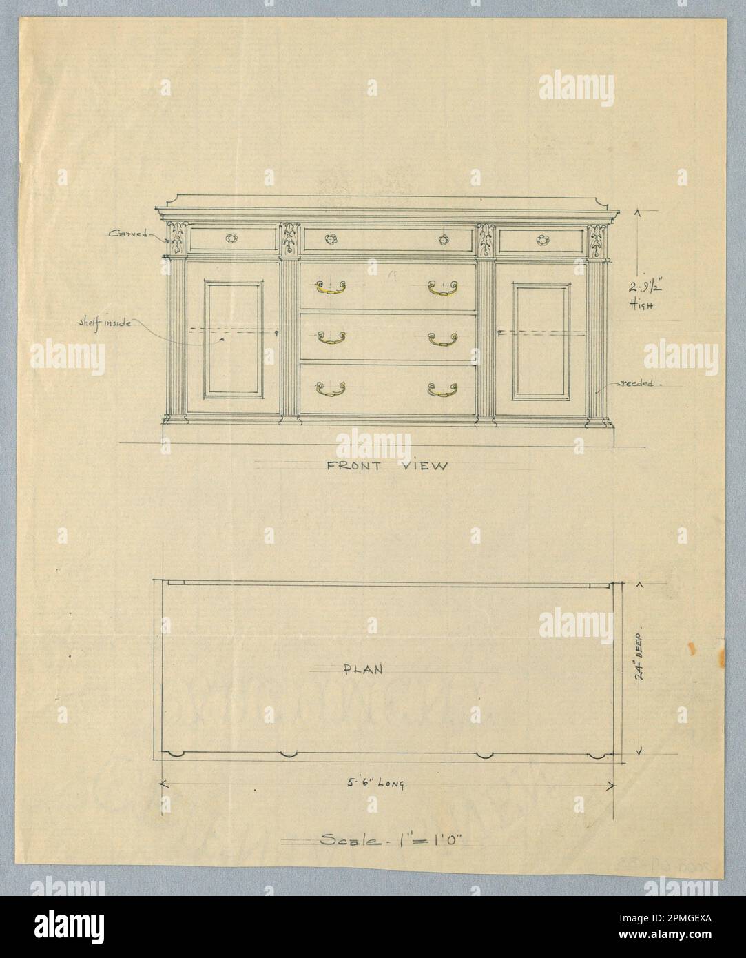 Drawing, Elevation and Plan for Sideboard with Reeded Pilasters ...