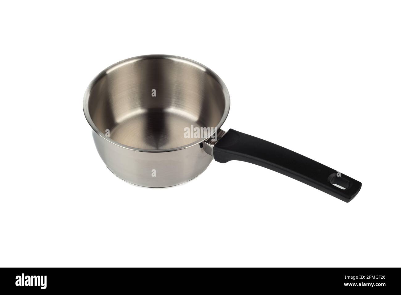 Kitchen metal ladle with a plastic handle on a white background. Copy ...