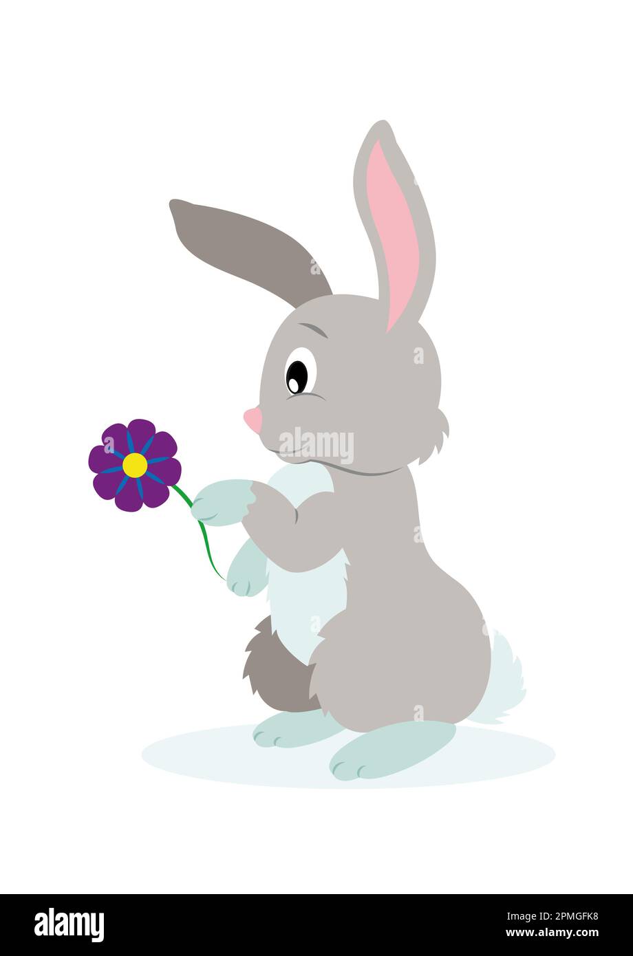 Cute rabbit holds a flower in his hand. Vector illustration of cartoon ...