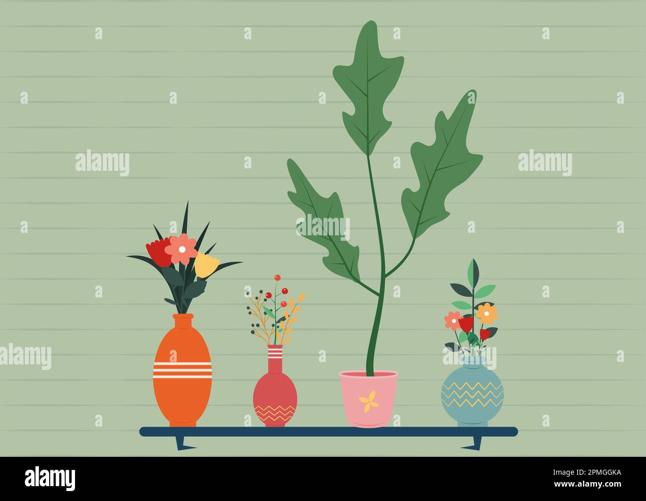 Indoor plants in colorful vases in flat style. Beautiful interior ...