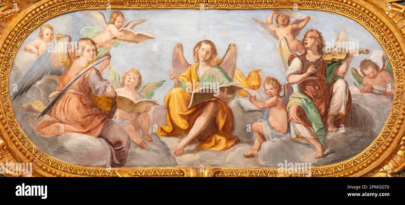 GENOVA, ITALY - MARCH 5, 2023: The fresco of angels choir with the ...