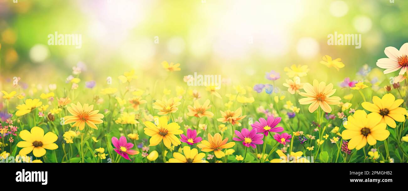 Summer spring natural flower background banner. Wildflowers on bright ...