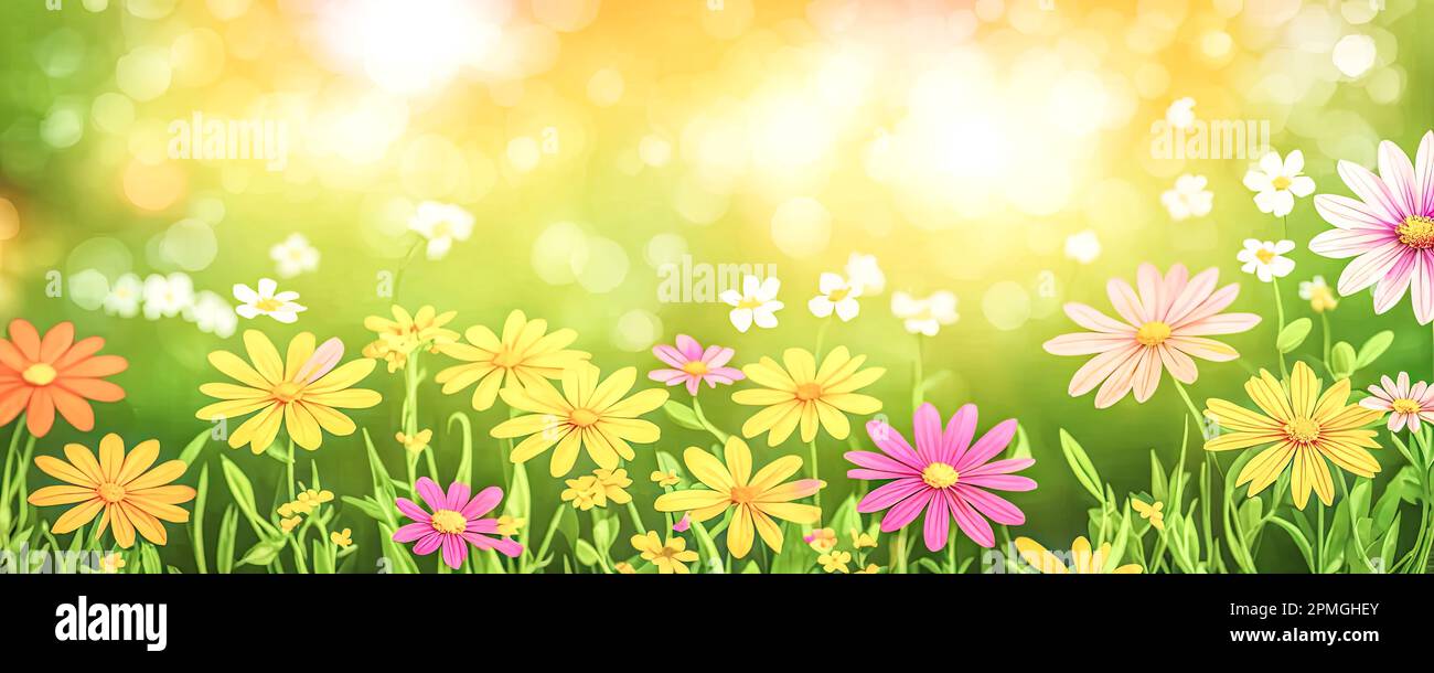 Summer spring natural flower background banner. Wildflowers on bright ...
