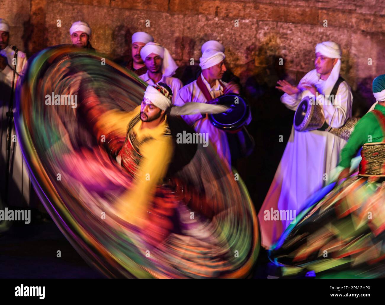 Cairo, Egypt. 12th Apr, 2023. Dancers perform Tanoura, a traditional ...