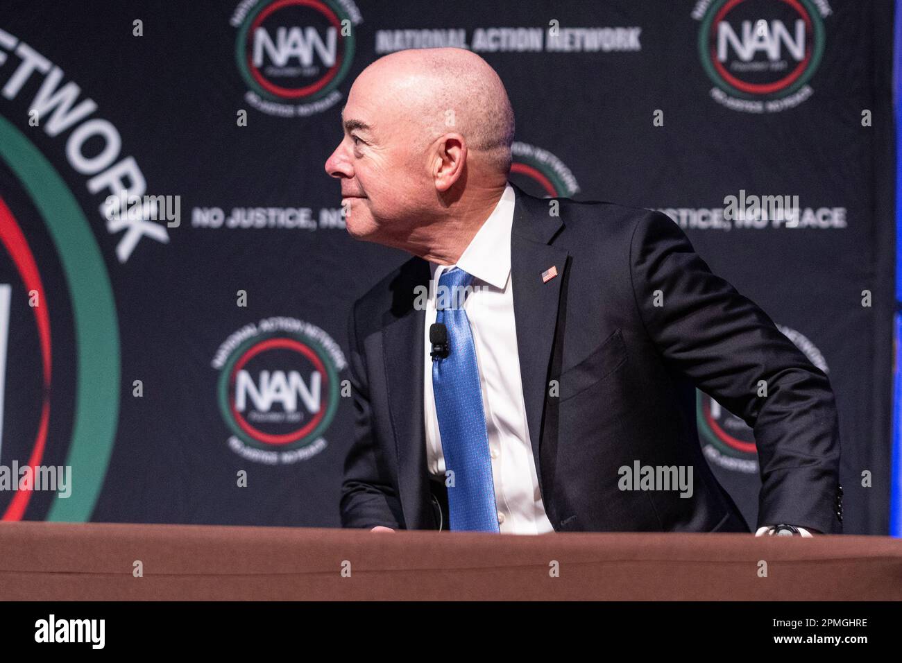 New York, New York, USA. 12th Apr, 2023. Secretary Alejandro Mayorkas ...