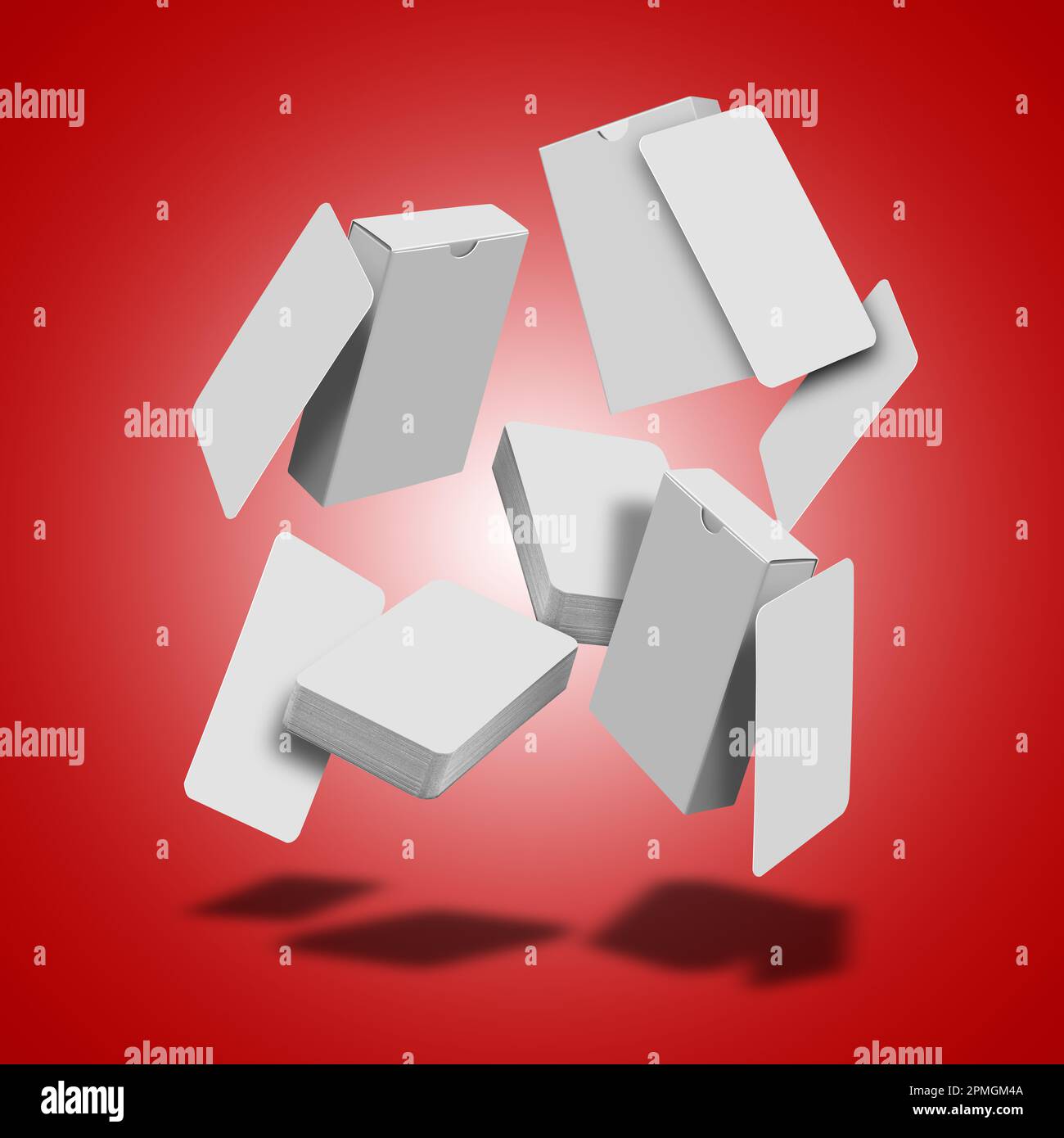 floating Stack of playing cards with box on red radial background Stock ...
