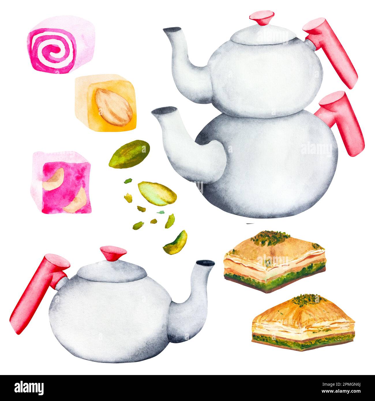 Turkish sweets, desserts. Watercolor illustration of food, teapot and ...