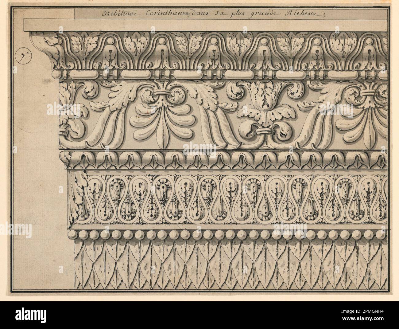 Drawing, Design for an architrave; France; pen and chinese ink, brush ...