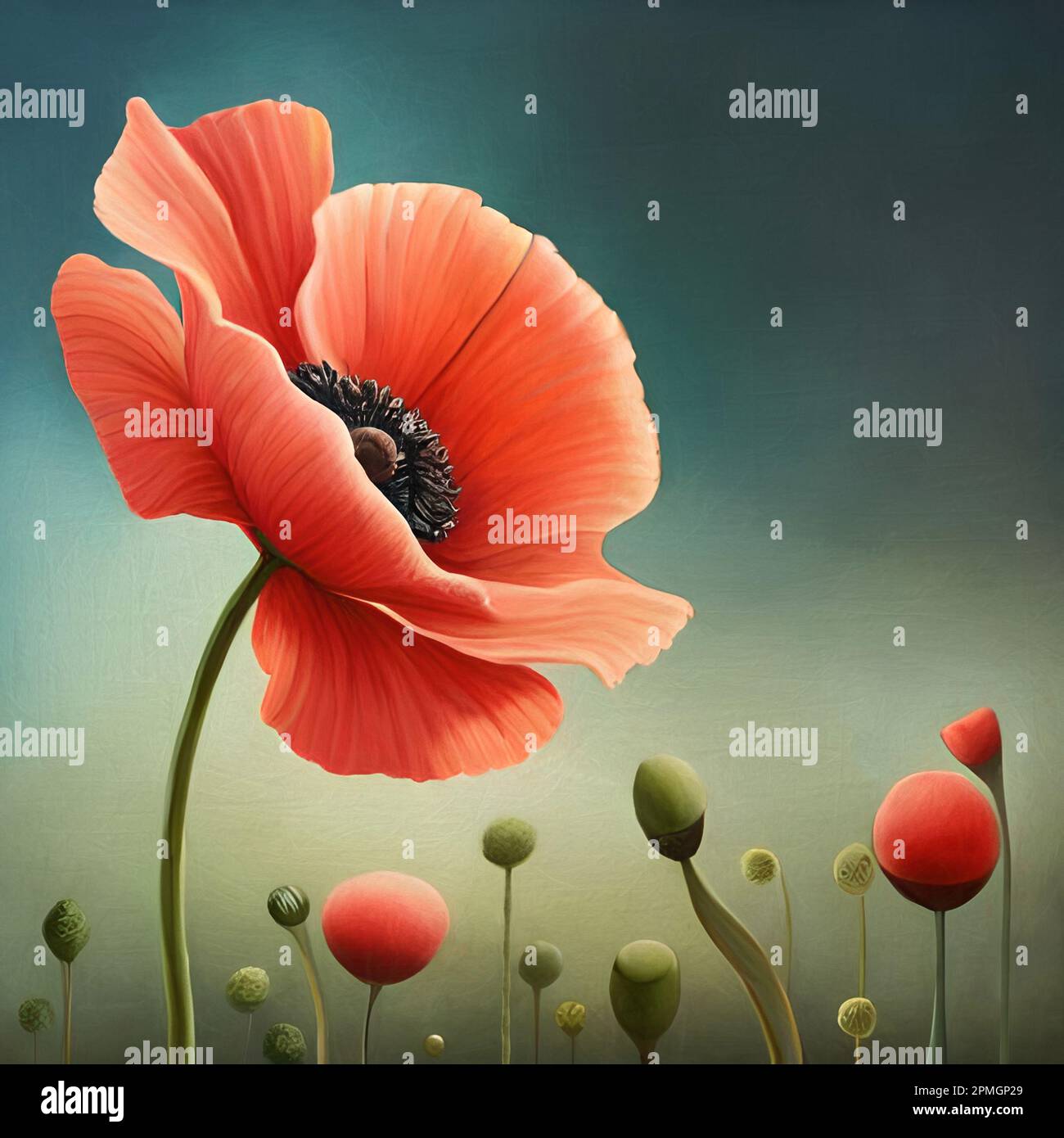 Stylized red poppy in a field digital painting, surrealist style ...