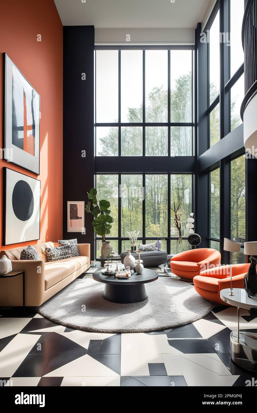 expansive living room with high ceilings, floor - to - ceiling windows ...