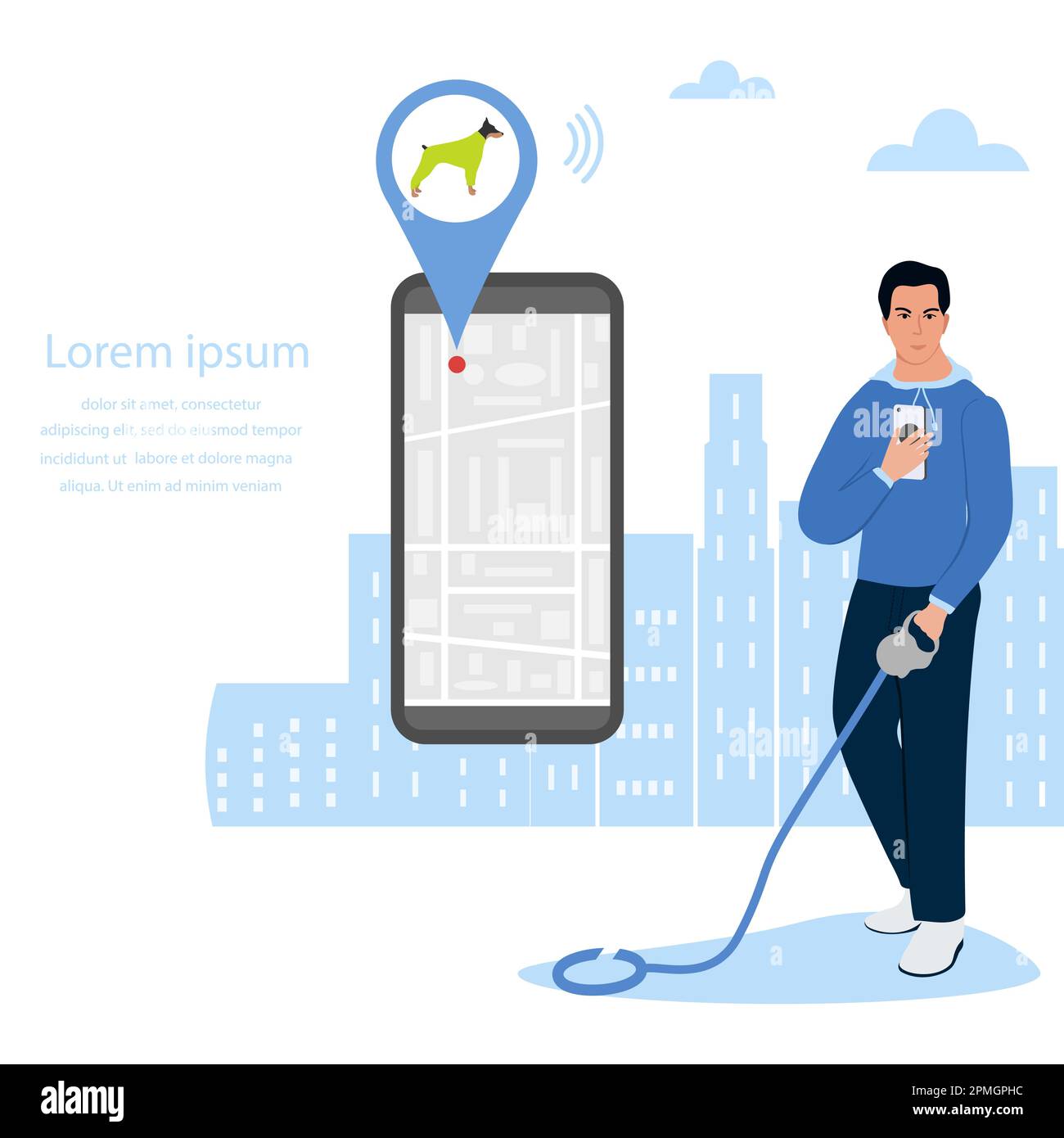 Vector illustration Man uses application on cell phone for search the ...