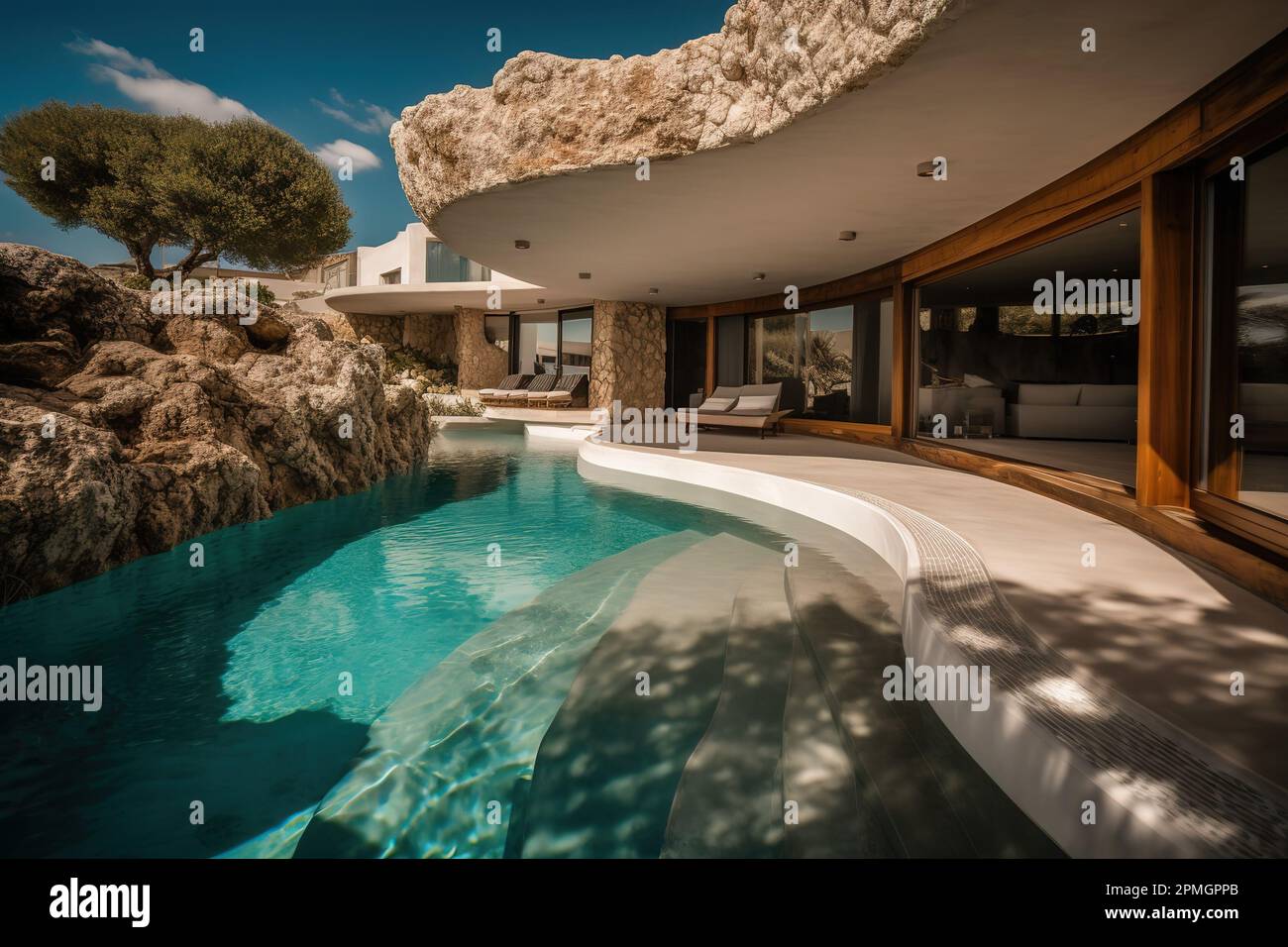 Luxury home backyard swimming pool with natural rocks and relaxing hi ...