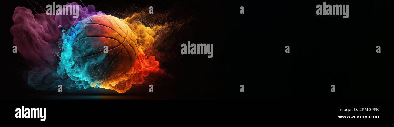 basketball in explosion of colored neon powder isolated on black ...